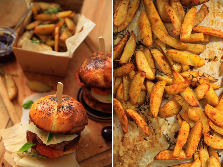 Burger basque, frites maison et ketchup aux cerises noires